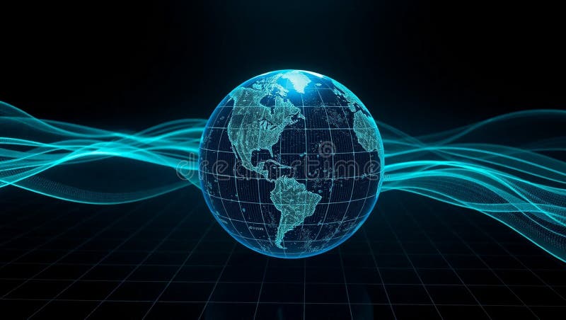 A Digital Earth Globe with Blue Lines and Continents on a Black ...