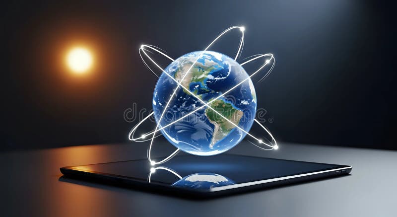 Digital Earth Globe with Glowing White Orbits Above a Sleek Tablet on ...
