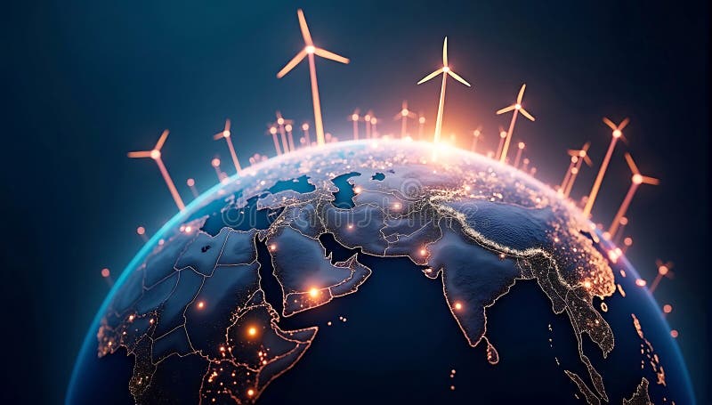 A Digital Earth with Glowing Lines Representing a Global Renewable ...