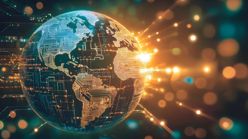 Digital Earth with Glowing Network Connections and Circuitry Stock Illustration - Illustration ...