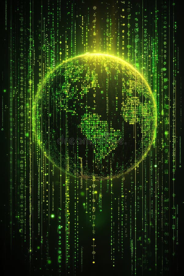 Digital Earth on Green Code Background, Technology, Data Connection ...