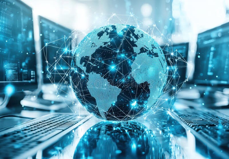 Digital Earth with Network Connections on a Blue Background Surrounded ...