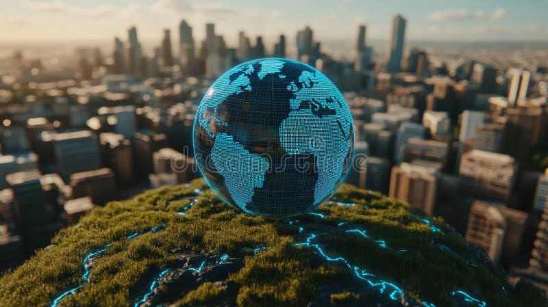 Digital Earth Rises a Globe Above the Urban Sprawl Illuminated by ...