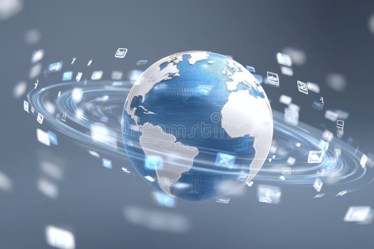 Digital Earth with Rotating Data Icons on Blue Background Stock Image ...