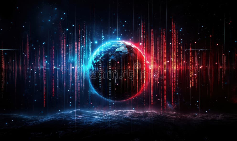 Digital Earth Surrounded by Binary Code and Cosmic Elements in Vibrant ...