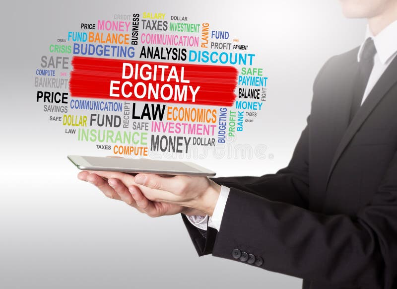 Digital Economy Concept, Young Man Holding a Tablet Computer Stock ...