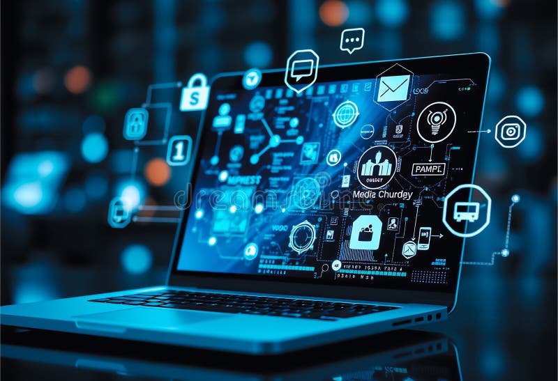 Digital Ecosystem: Floating Icons on Laptop Screen Representing ...