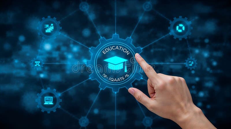 Digital Education Concept Blue Gear Graduation Cap Hand Touchscreen ...