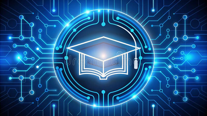 Digital Education Graduation Cap on Circuit Board, Blue and White ...