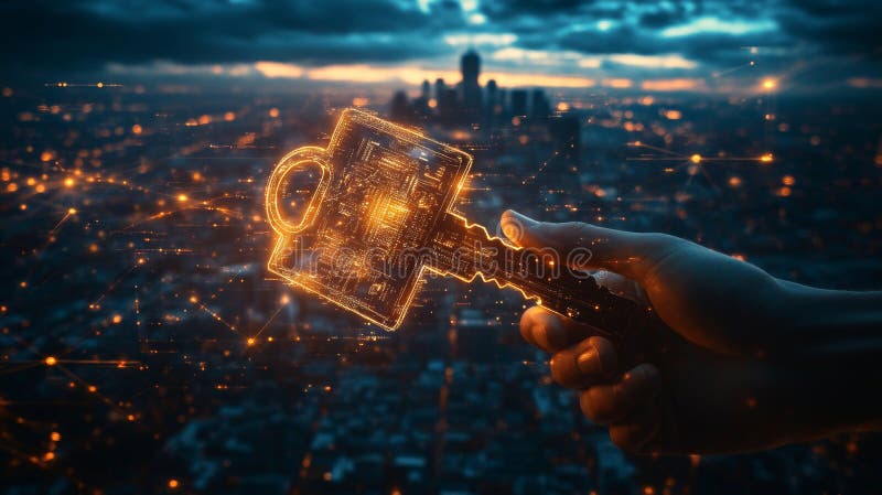 Digital Effects Enhance Key Unlocking Silhouette of Cityscape with ...