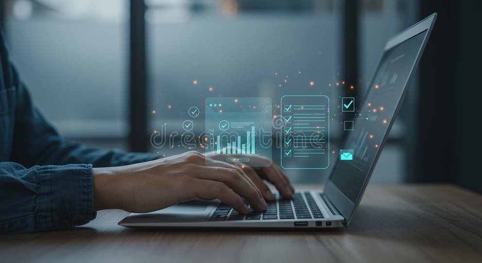 Digital Efficiency: Laptop, Data Analysis, Checklists & Tasks. Optimize Workflow, Boost ...