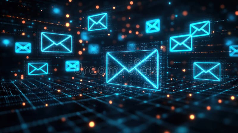 Digital Email Communication Network with Glowing Envelope Icons Stock ...