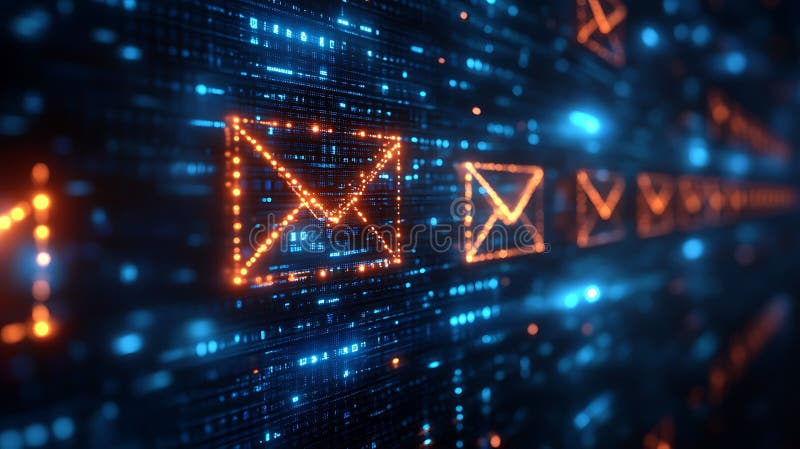 Digital Email Communication Network with Glowing Orange Envelopes on a ...