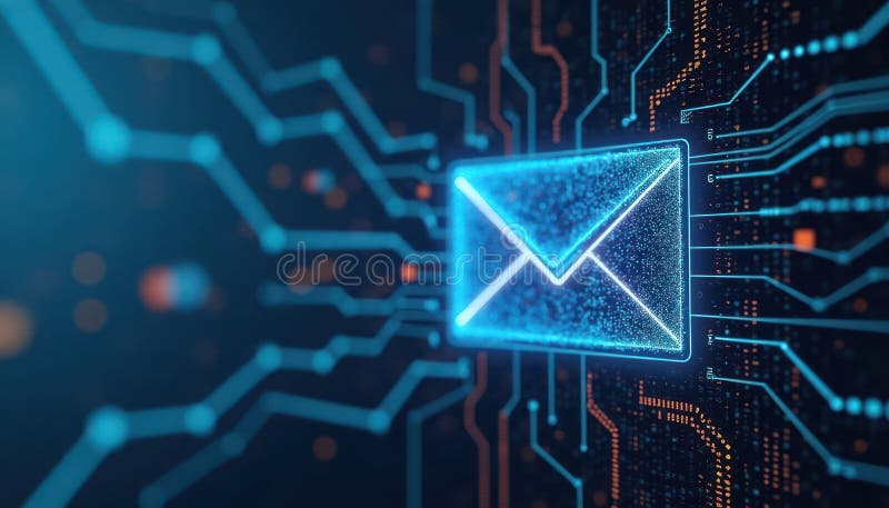 Digital Email Icon Surrounded by Data Streams, Binary Code. Illustrates ...