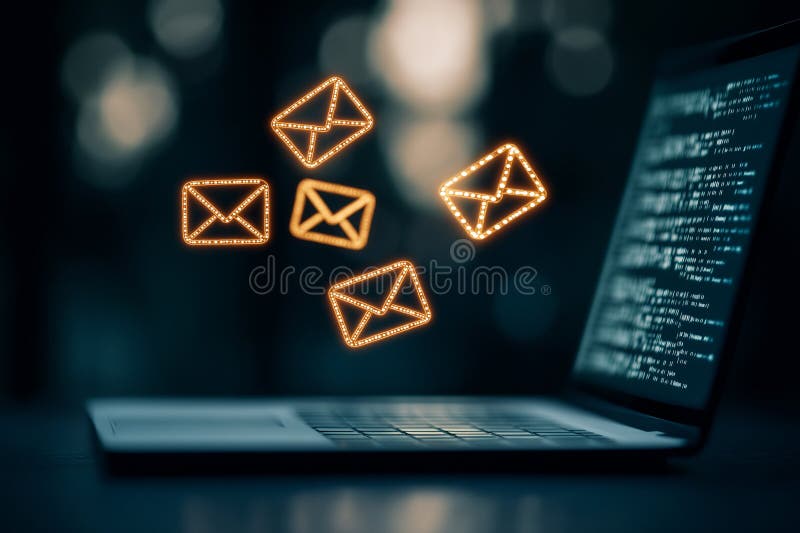 Digital Email Icons Floating Above Laptop Symbolizing Communication and ...