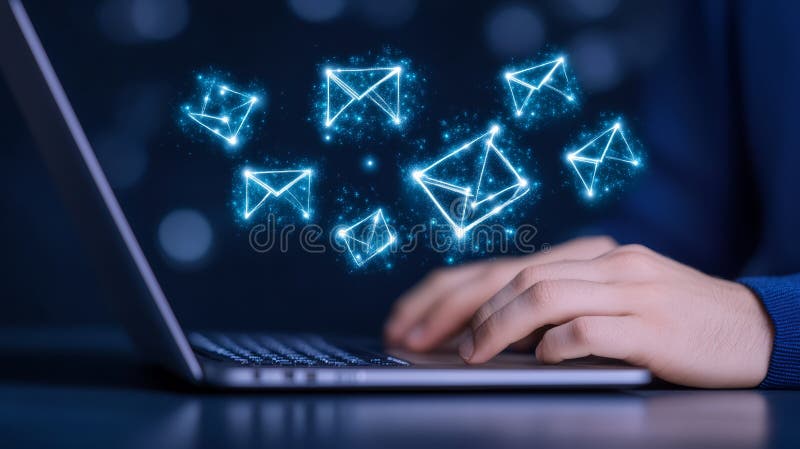 Digital Email Marketing Concept with Blue Envelope Icons and Laptop on ...