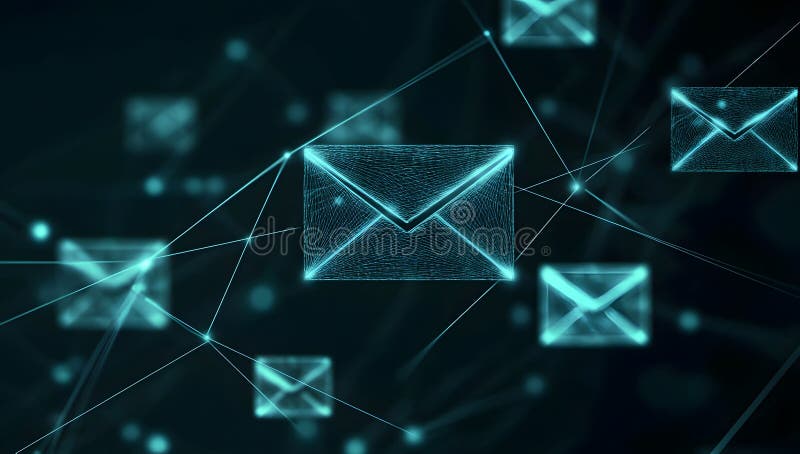 Digital Email Network with Glowing Envelope Icons Connected by Lines ...