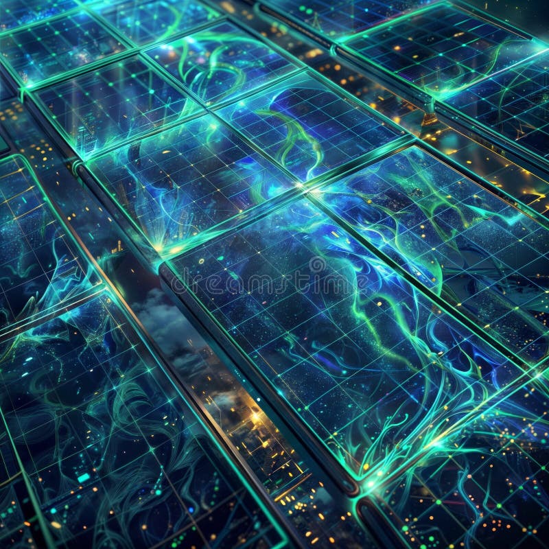 Technological Pattern with Glowing Energy Flows Across a Grid ...