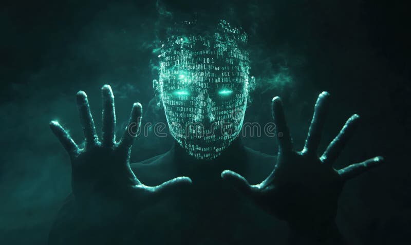 Digital Entity with Binary Code Face and Glowing Eyes, Hands Raised in ...