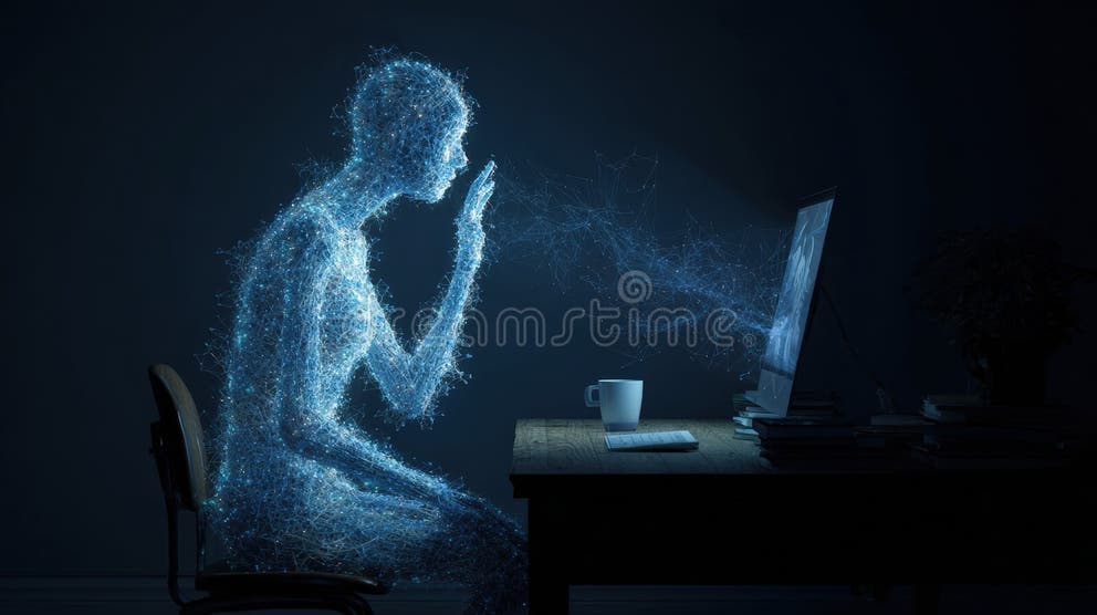 Digital Entity Interacting with Technology in a Dark Creative Workspace ...