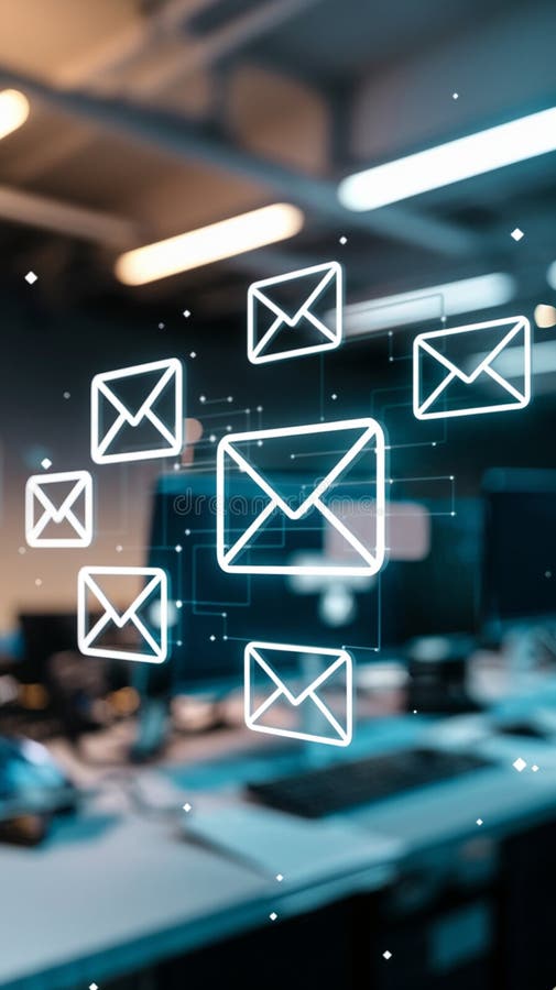 Envelope Icons Float Over Workspace, Creating a Futuristic Tech ...
