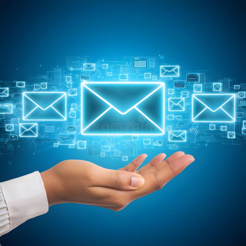 Digital Envelopes in Hand on Blue Background, Symbolizing Communication ...