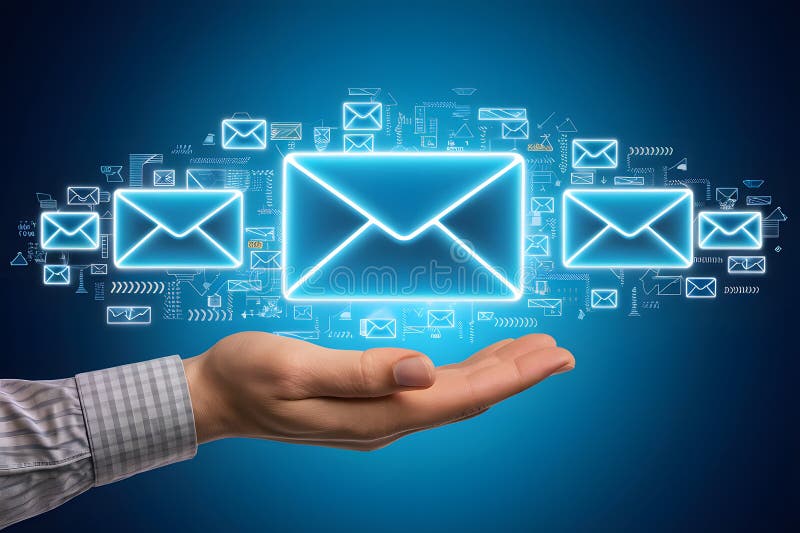 Digital Envelopes in Hand on Blue Background, Symbolizing Communication ...