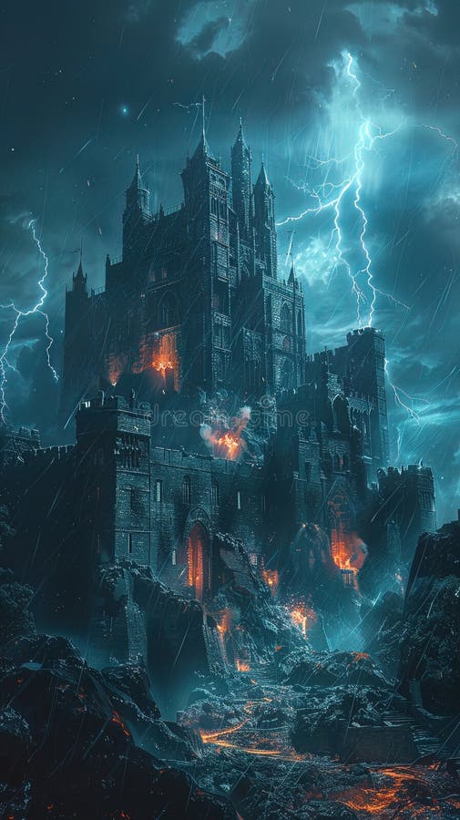 Digital Environment with an Abandoned Castle Amid a Thunderstorm Rocky ...
