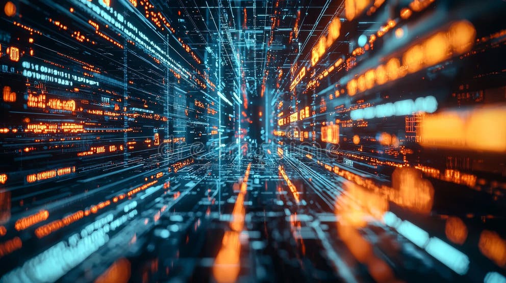 Fast-moving Digital Data Streams with Neon Orange and Blue Lights Stock ...