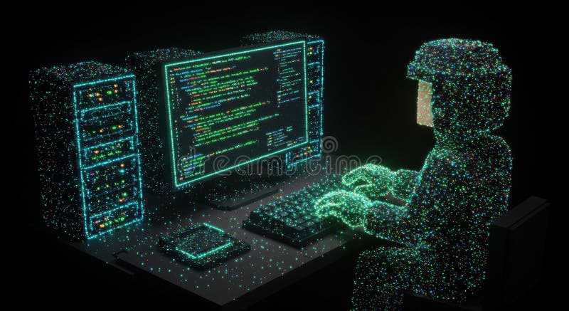 Digital Environment Showcasing A Programmer Working At A Glowing Computer Setup With Data Code