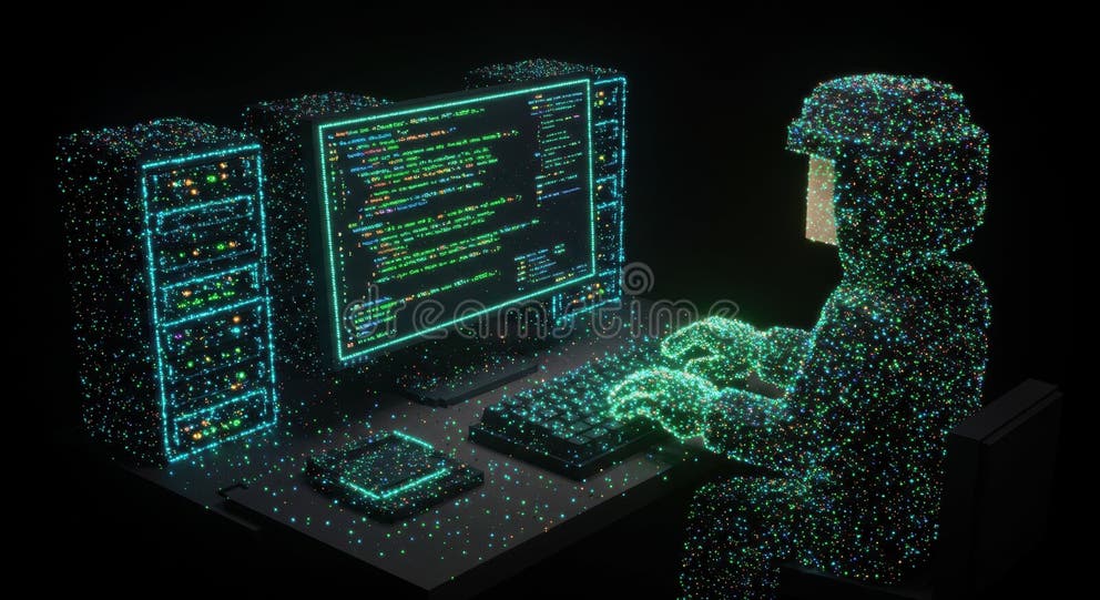 Digital Environment Showcasing a Programmer Working at a Glowing Computer Setup with Data Code ...