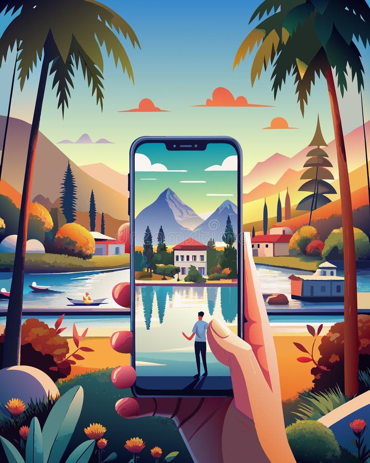 Digital Escape: Hand Holding Smartphone with Serene Landscape Scene ...