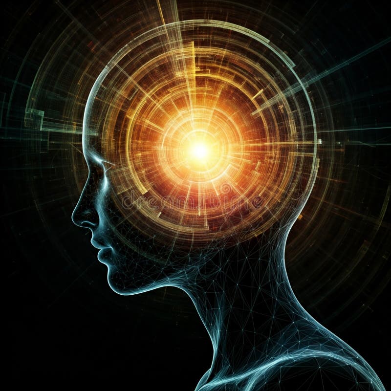 Digital Evolution: a Human Face Radiating Digital Light, Symbolizing a ...