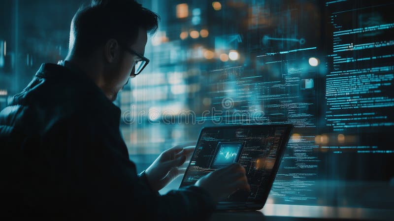 A Digital Expert Analyzing Data on a Laptop in a Modern Workspace at Night with Glowing Screens ...