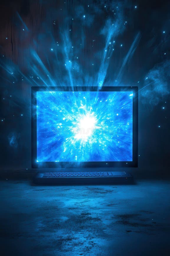 Digital Explosion a Futuristic Computer Display Illuminates a Darkened ...