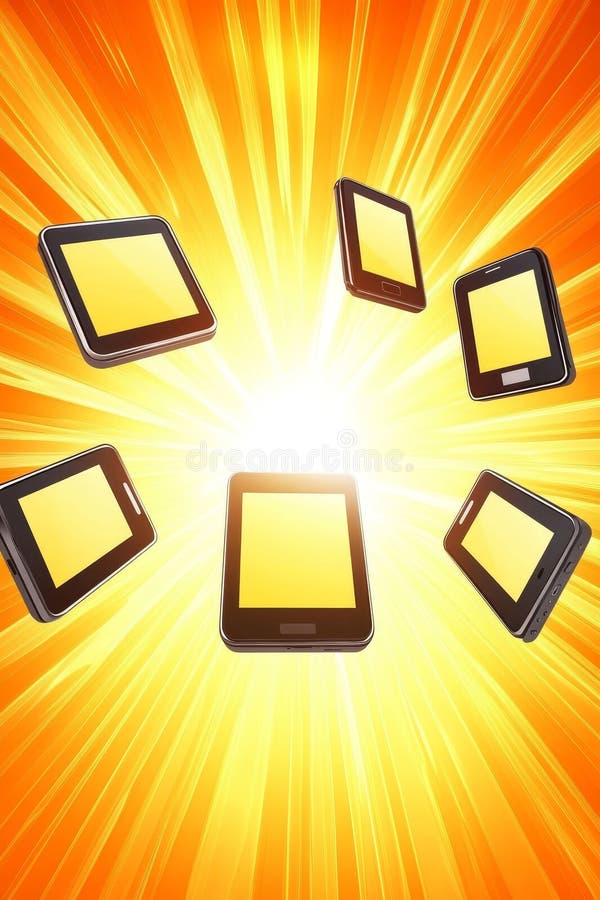Digital Explosion Mobile Tablets on Vibrant Orange Background ...