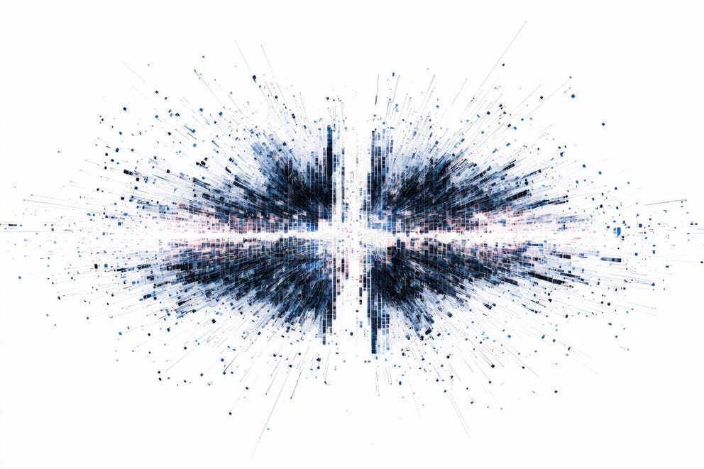 Digital Explosion of Pixel Particles Dispersing Outward, White ...