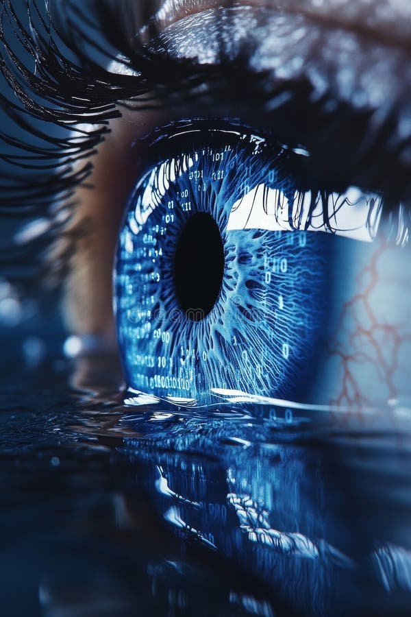 A Digital Eye with Binary Code Mirrored on a Water Surface, Symbolizing ...