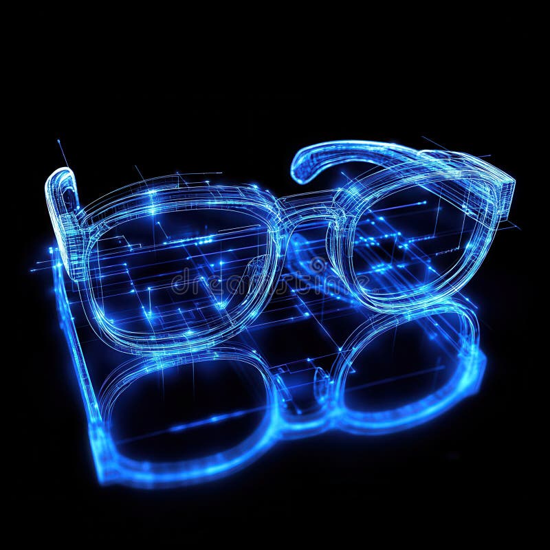 Digital Eyeglasses are Displayed with Glowing Blue Light Trails and ...