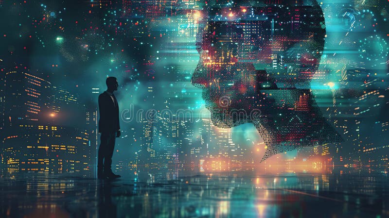 Digital Face Above Cityscape with Silhouette of Man. AI Generative ...