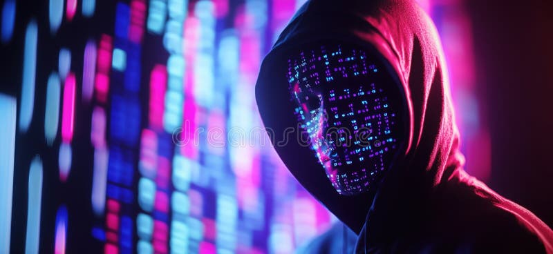 Digital Face with Code Patterns, Mysterious Figure in Hoodie, Vibrant ...