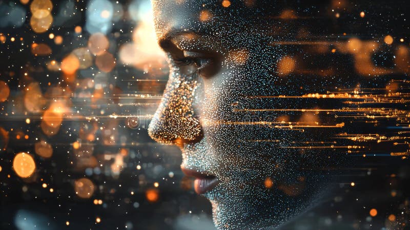 Digital Face Composed of Particles and Light Streaks Stock Image ...