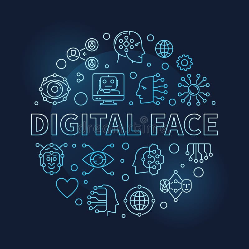 Digital Face Concept Line Round Vector Blue Banner - AI Bot Technology ...