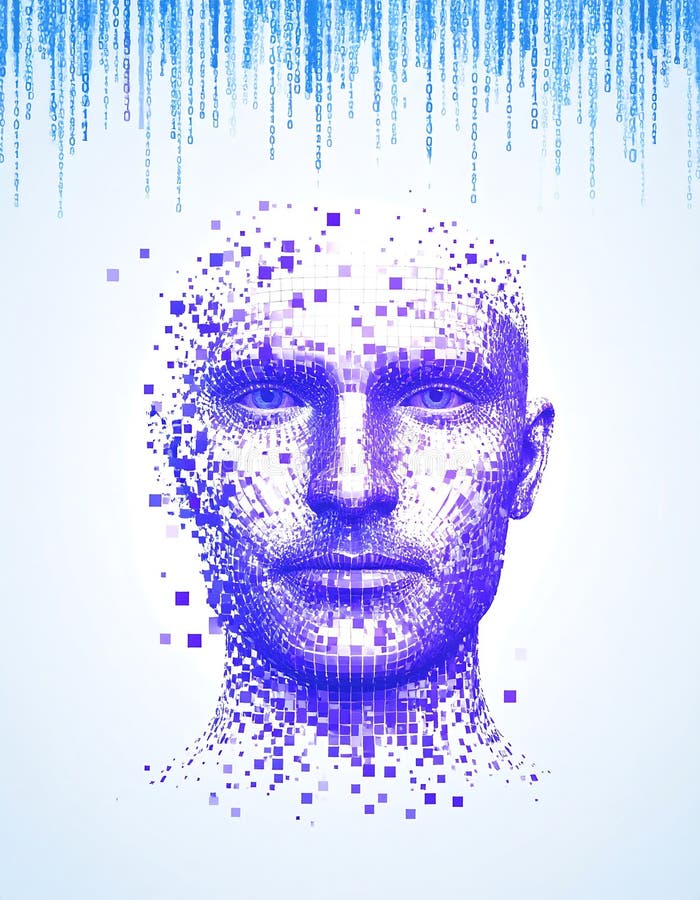Digital Face Dissolving into Pixels with Binary Code Rain, Representing AI and Data Stock ...