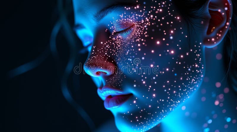 A Digital Face Fragmenting into Glowing Data Particles Stock ...