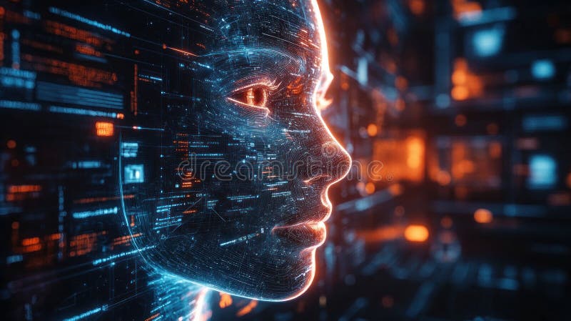 Digital Face with Glowing Circuits and Data Streams, Representing ...
