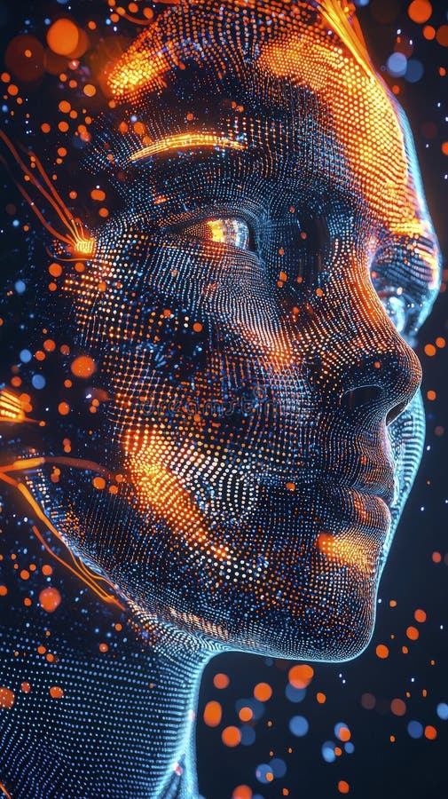 Digital Face with Glowing Networks and Particles Burst Stock ...