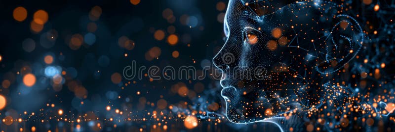 Digital Face with Glowing Orange and Blue Patterns on a Dark Background ...