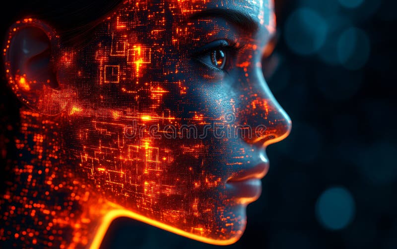 Digital Face with Glowing Patterns and Data Visualization Stock ...