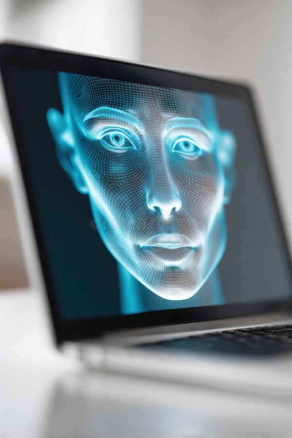 Futuristic Digital Face Displayed on a Laptop Screen Showcasing ...